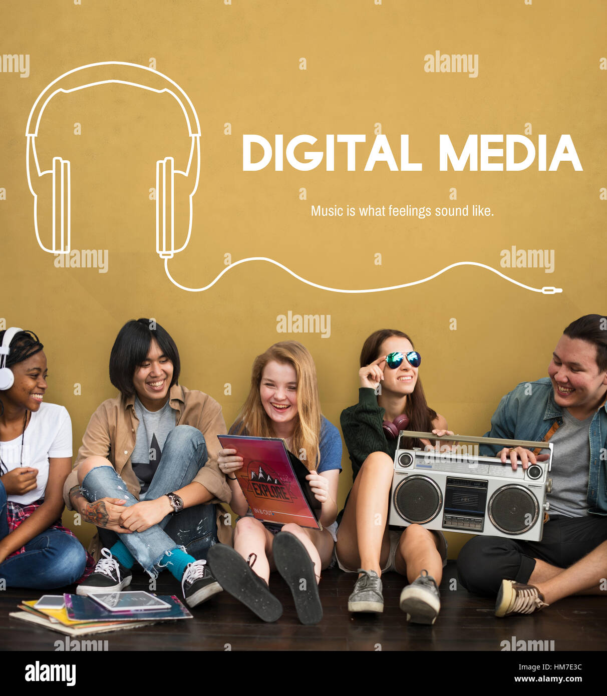 Listening to music headphones graphic Stock Photo - Alamy