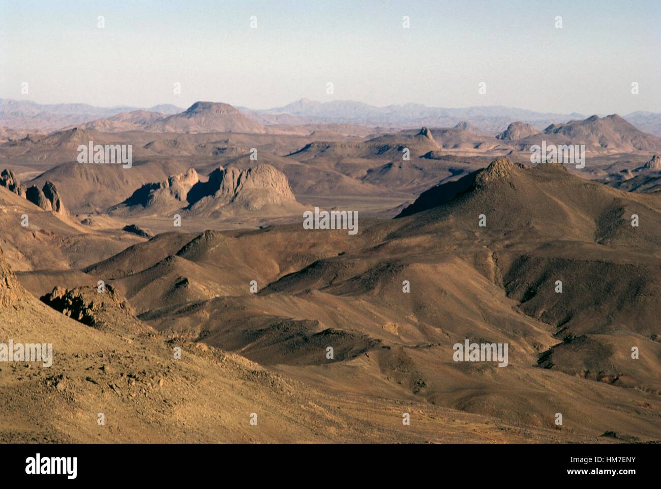 View of Hoggar Mountains (Ahaggar), mountain range formed from volcanic ...