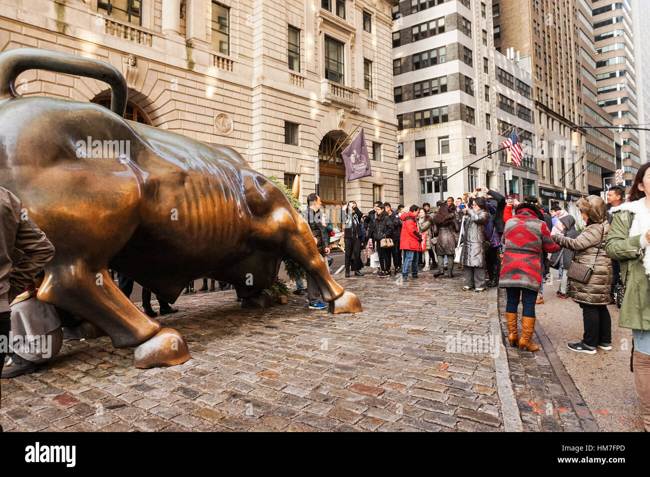 Tourists taking photos with the Charging Bull sculpture in a Christmas ...