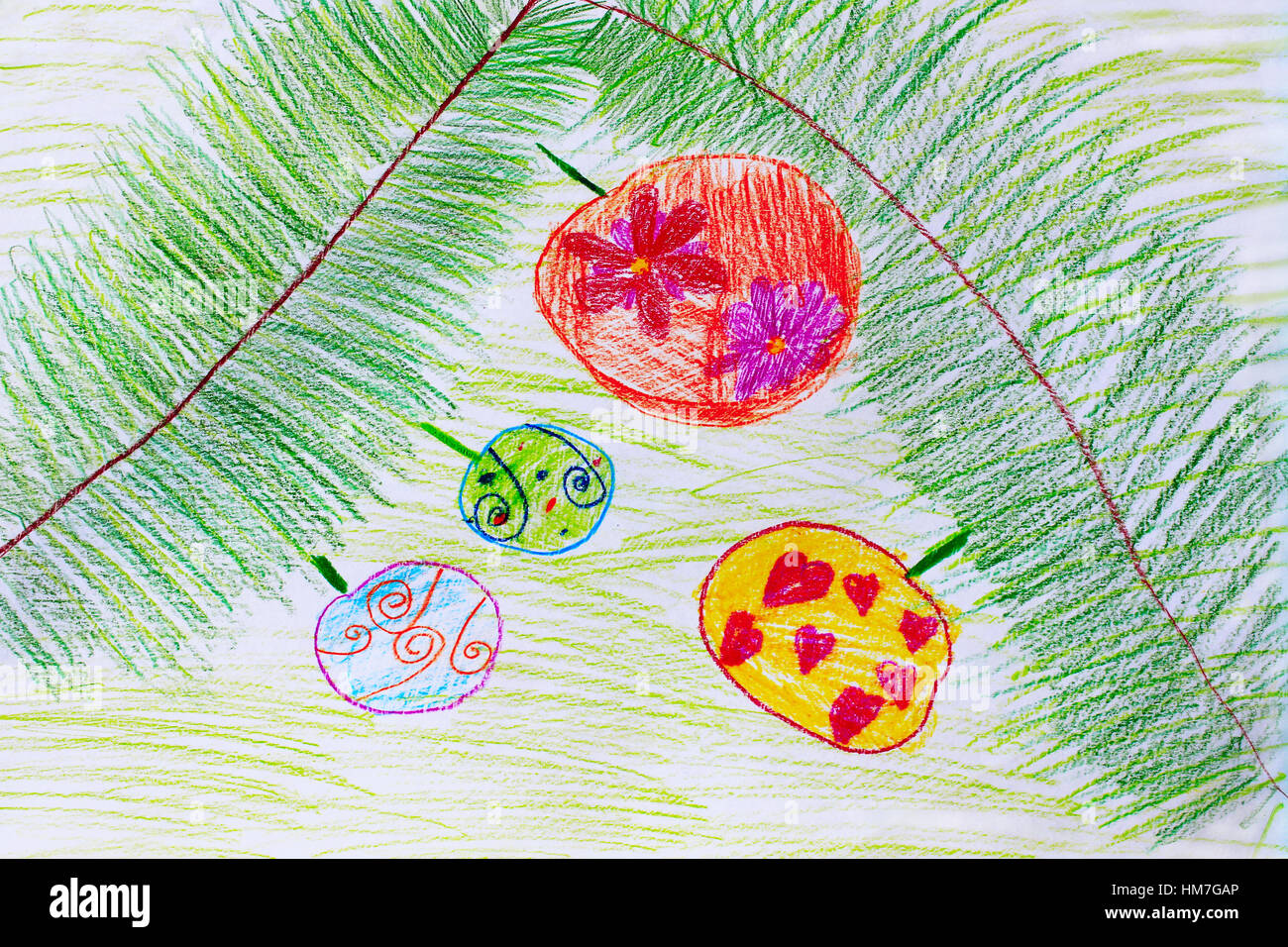 childish drawing of green branches of fir-tree with round Christmas ...