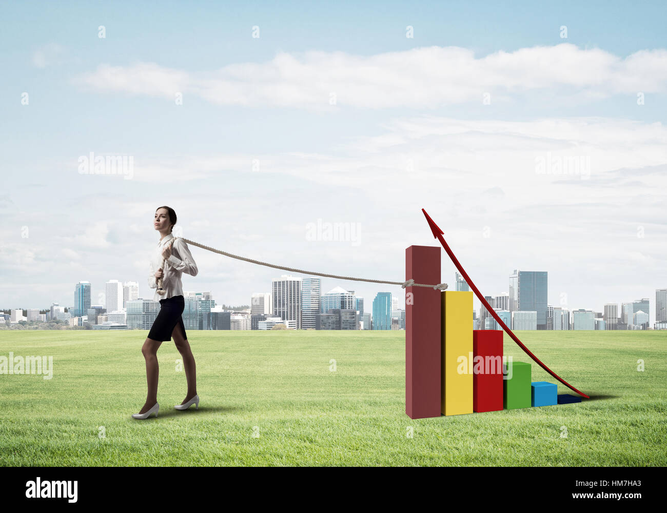 Businesswoman pulling arrow with rope and making it raise up Stock ...