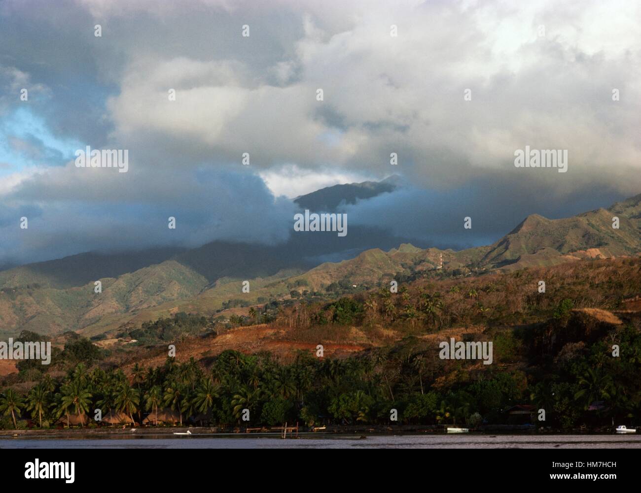 Mountainous landscape with palm trees on the west coast of Tahiti ...