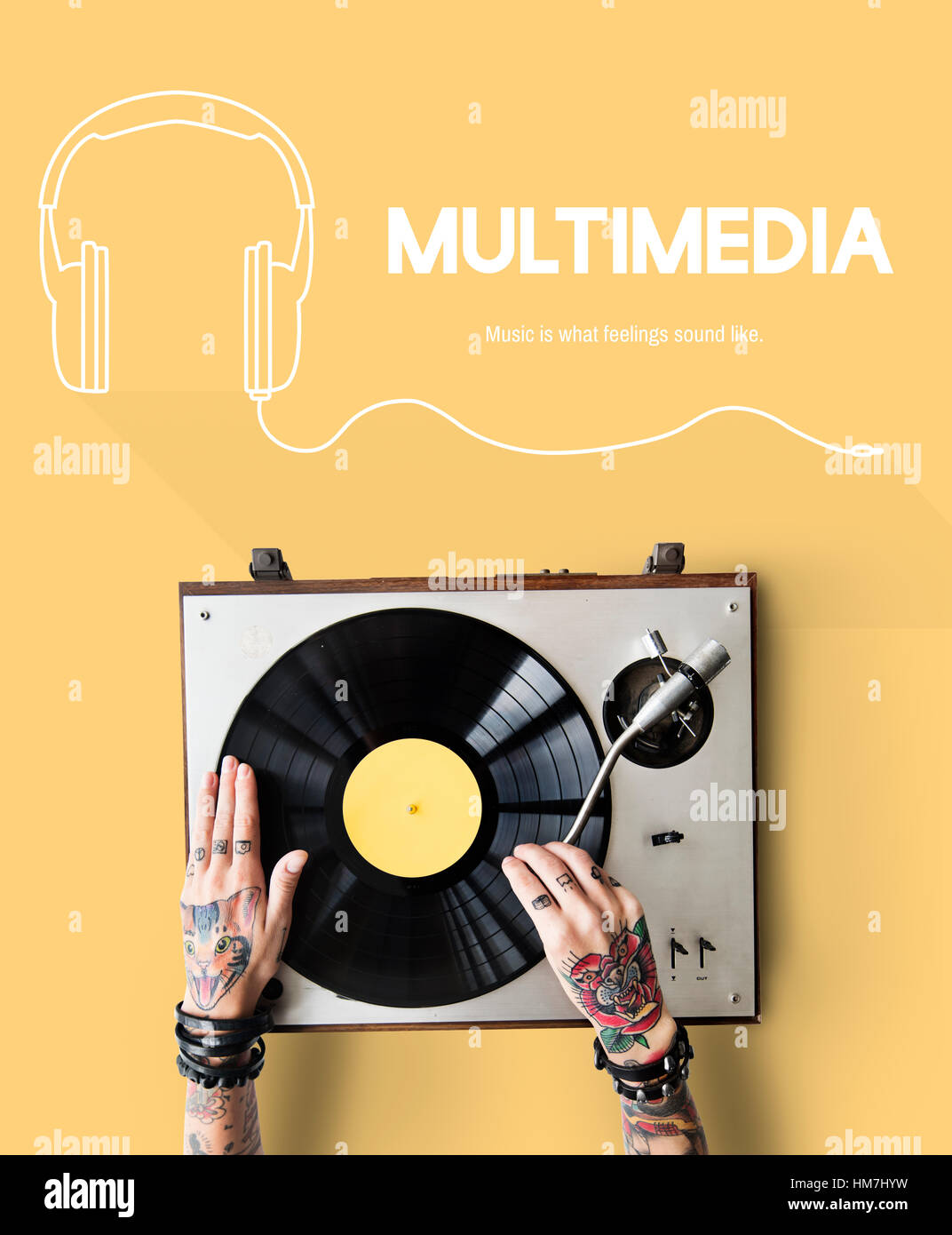 Listening to music headphones graphic Stock Photo - Alamy