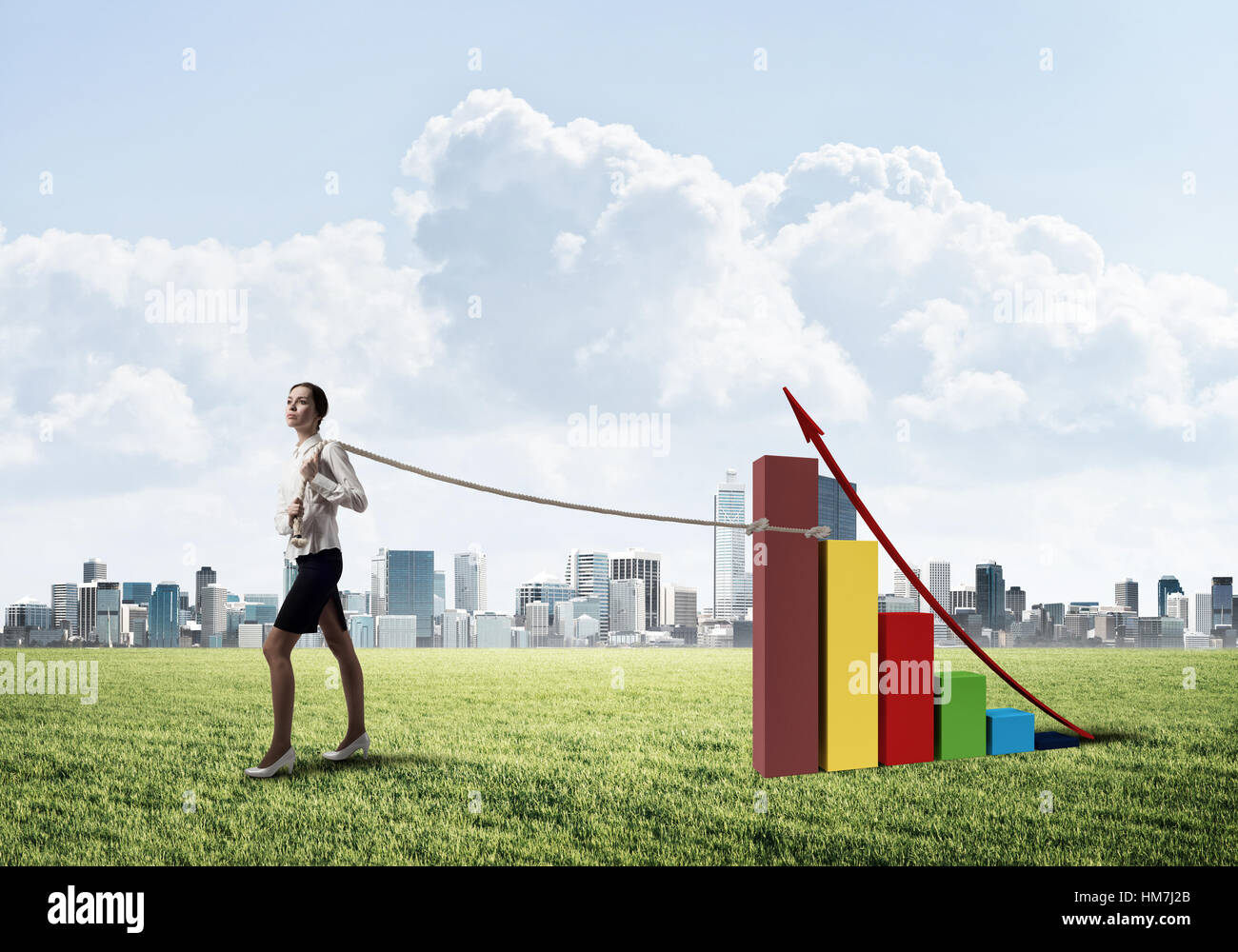 Businesswoman pulling arrow with rope and making it raise up Stock ...