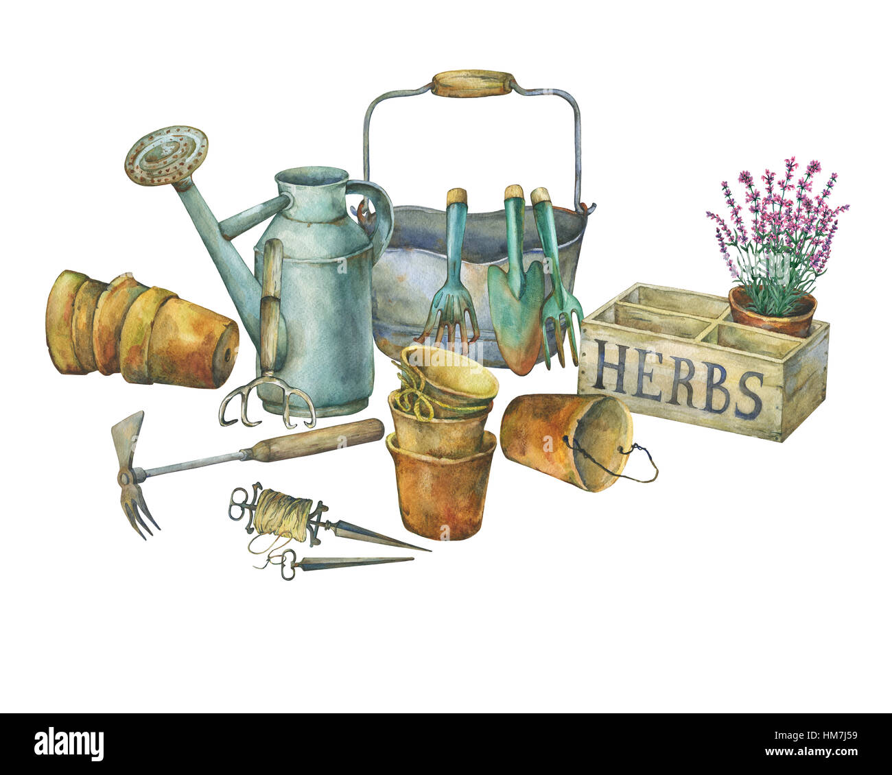 Illustration of gardening tools. Hand drawn watercolor painting on ...