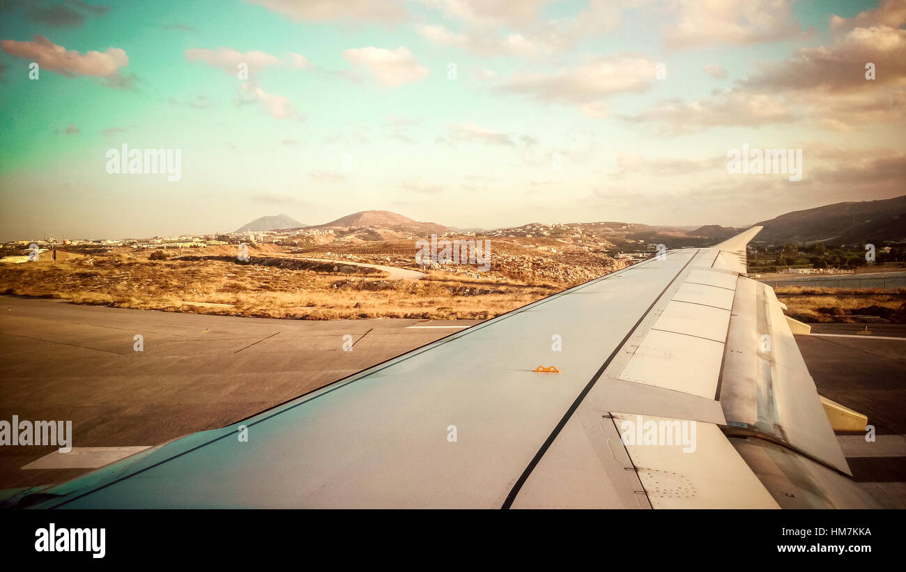 Aircraft start from airplane window, mountains mediterranean Stock ...