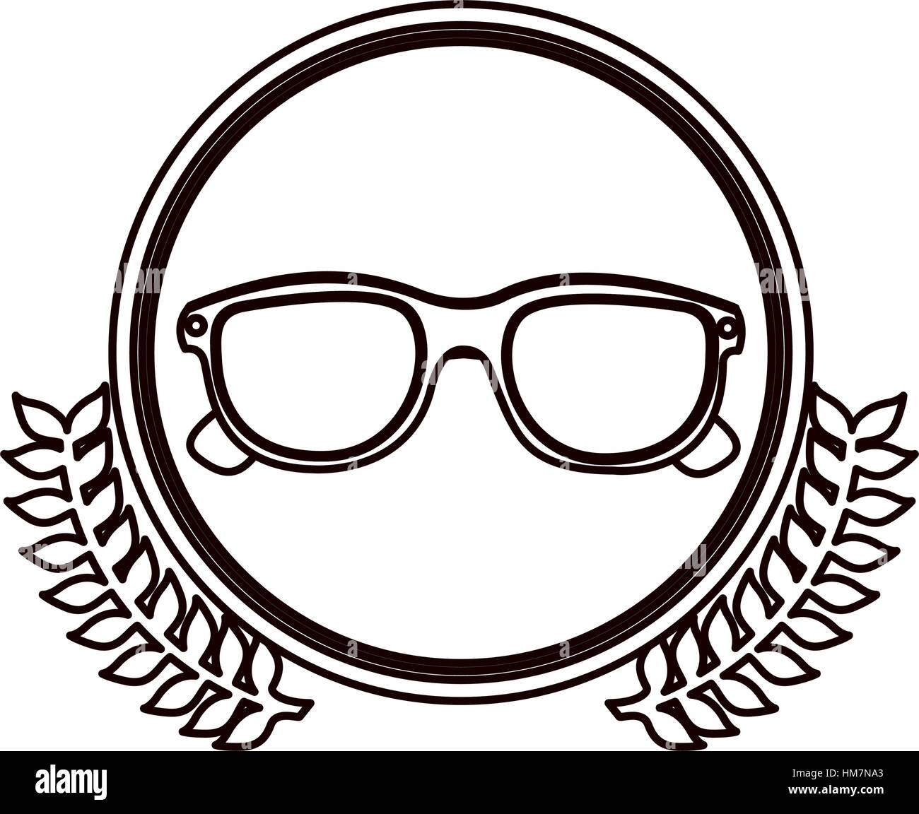 black contour circle with decorative olive branch and sunglasses vector ...