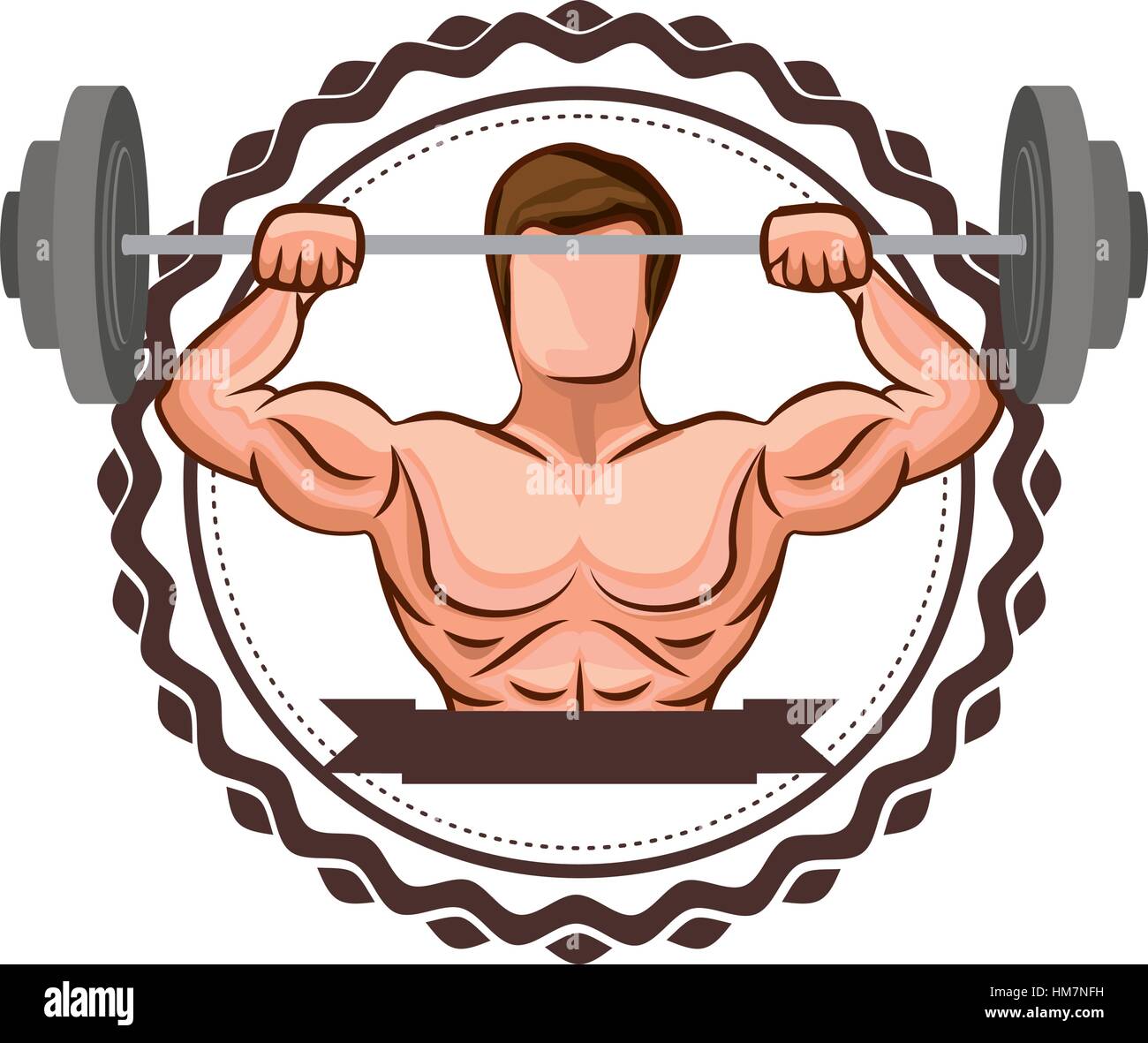 sticker border with muscle man lifting a disc weights and label vector ...