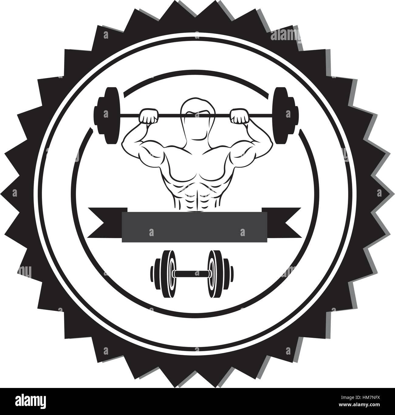 silhouette stamp border with muscle man lifting a disc weights and ...