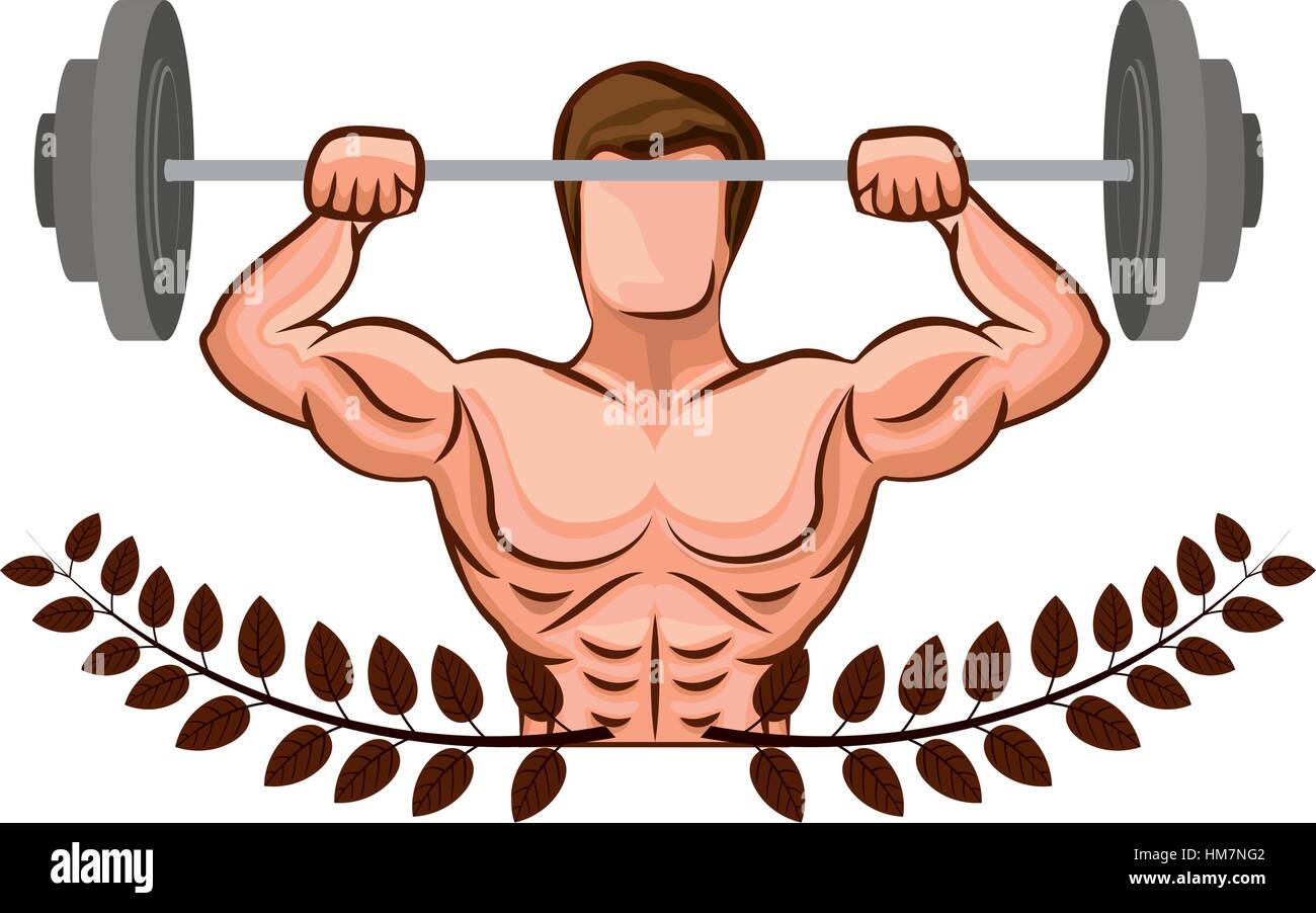 ornament leaves with muscle man lifting a disc weights vector ...