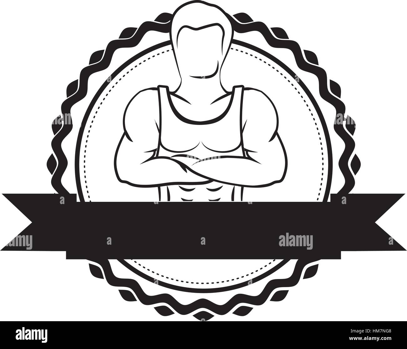 silhouette sticker border with muscle man crossed arms and label vector ...