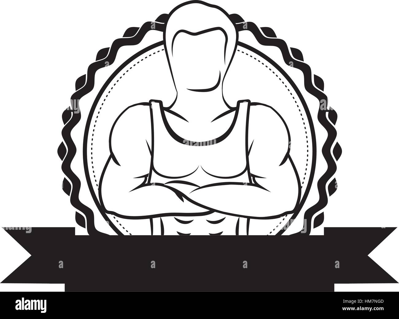black sticker border with muscle man crossed arms and label vector ...
