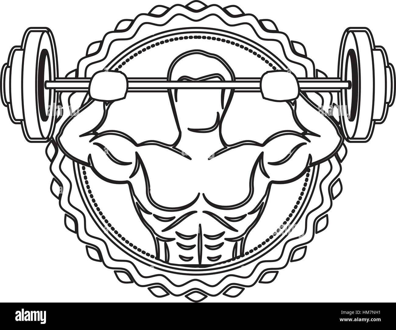 sticker border with contour muscle man lifting a disc weights vector ...
