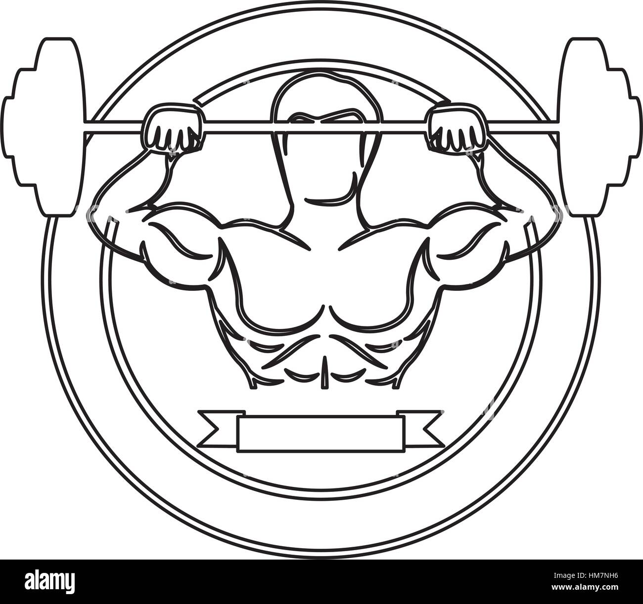 contour circular border with muscle man lifting a disc weights and ...