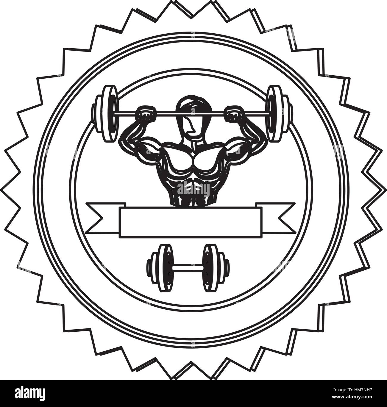 contour stamp border with muscle man lifting a disc weights and label ...