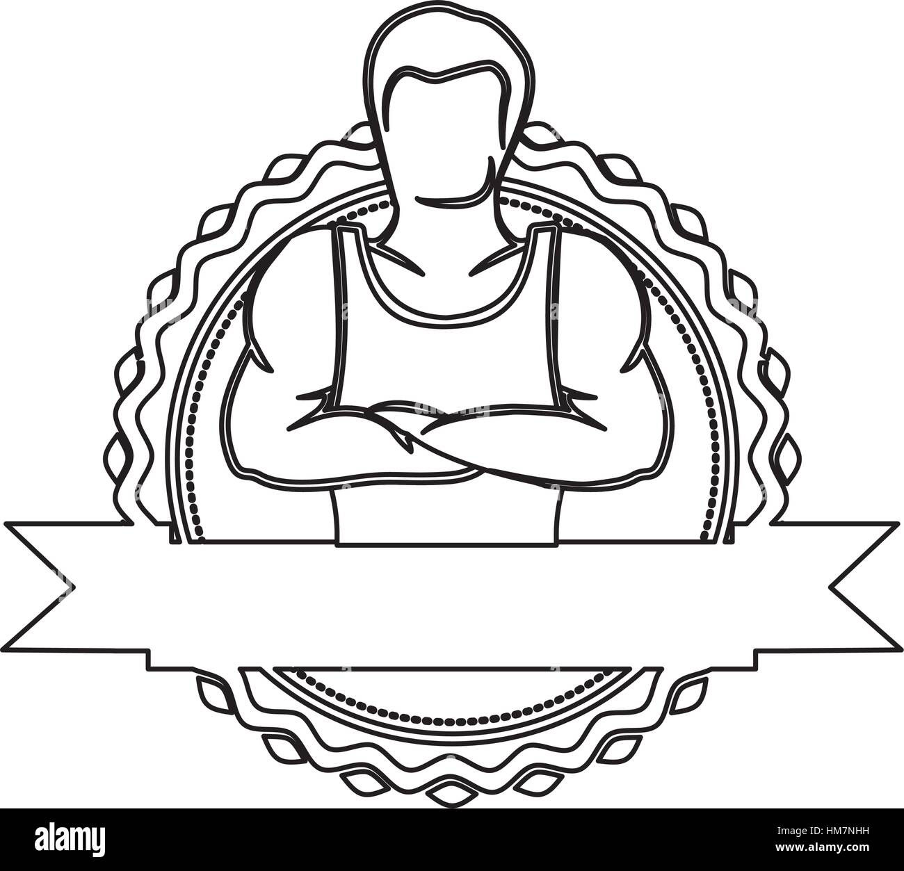 contour sticker border with muscle man crossed arms and label vector ...
