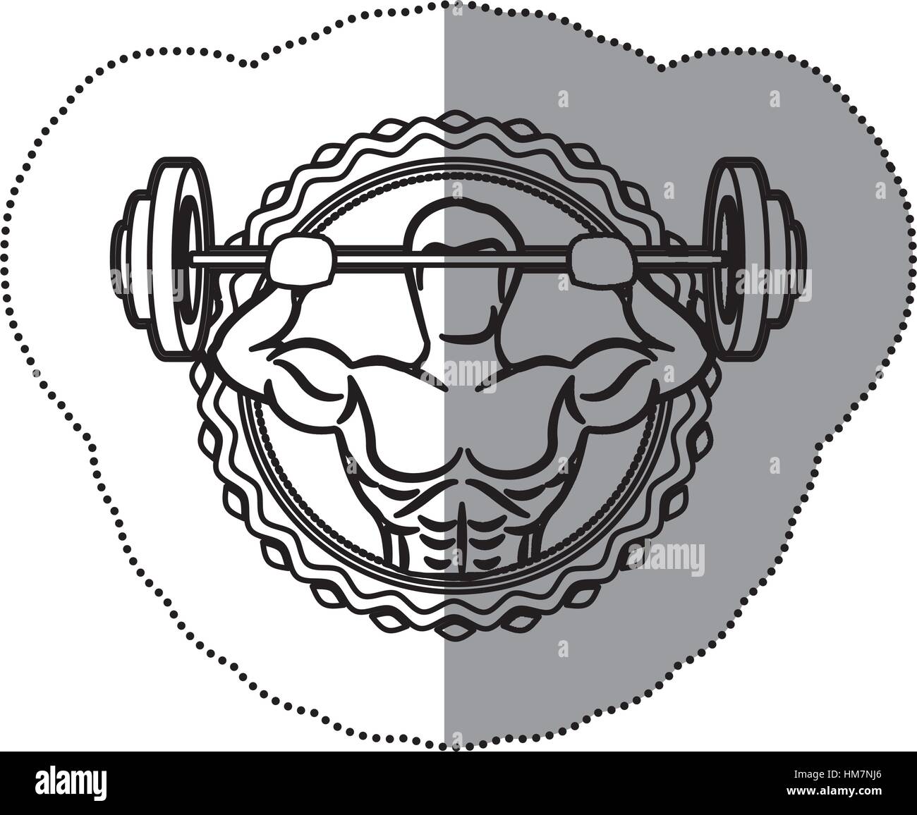sticker border with contour muscle man lifting a disc weights shading ...