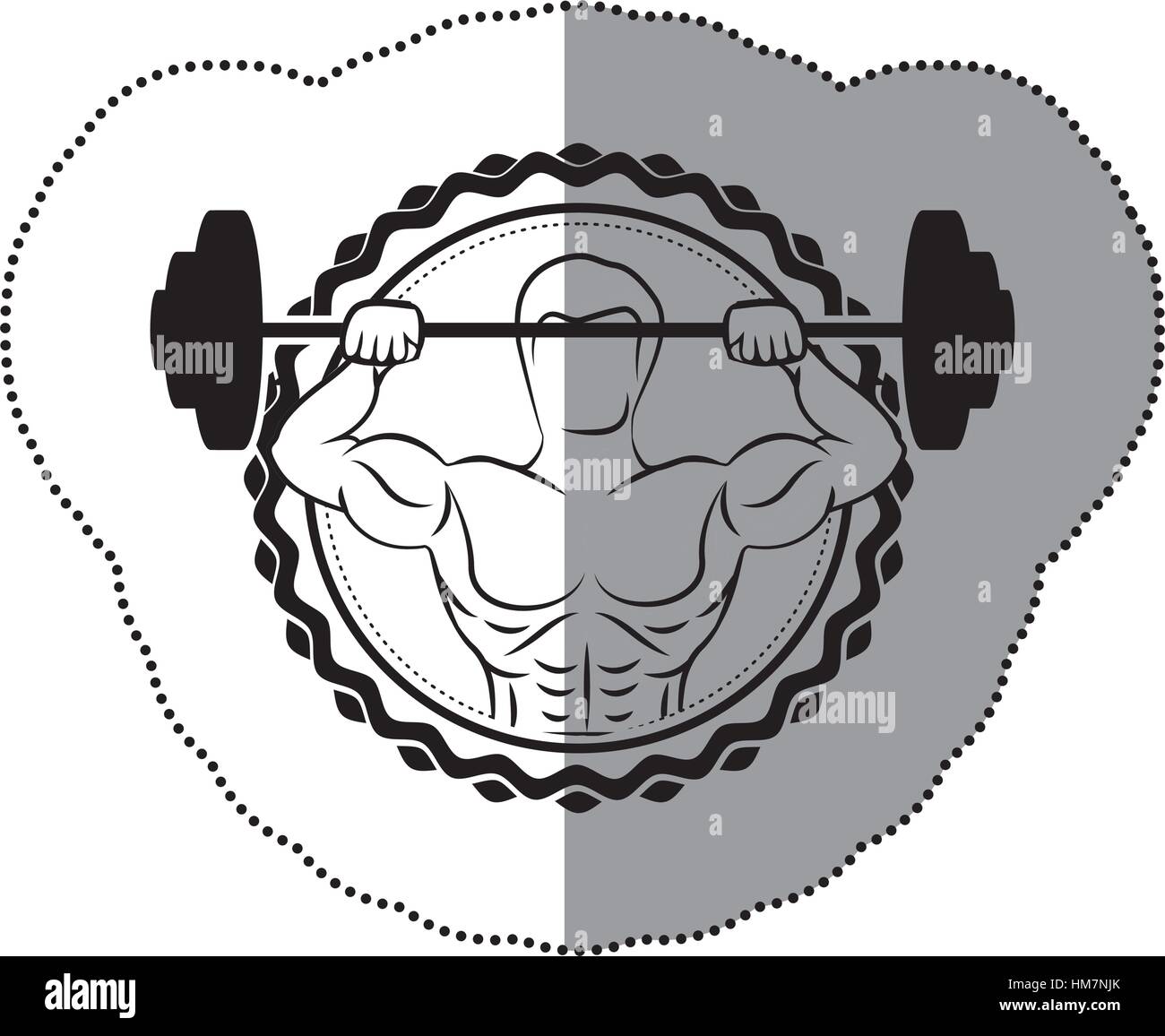 sticker border with black contour muscle man lifting a disc weights ...