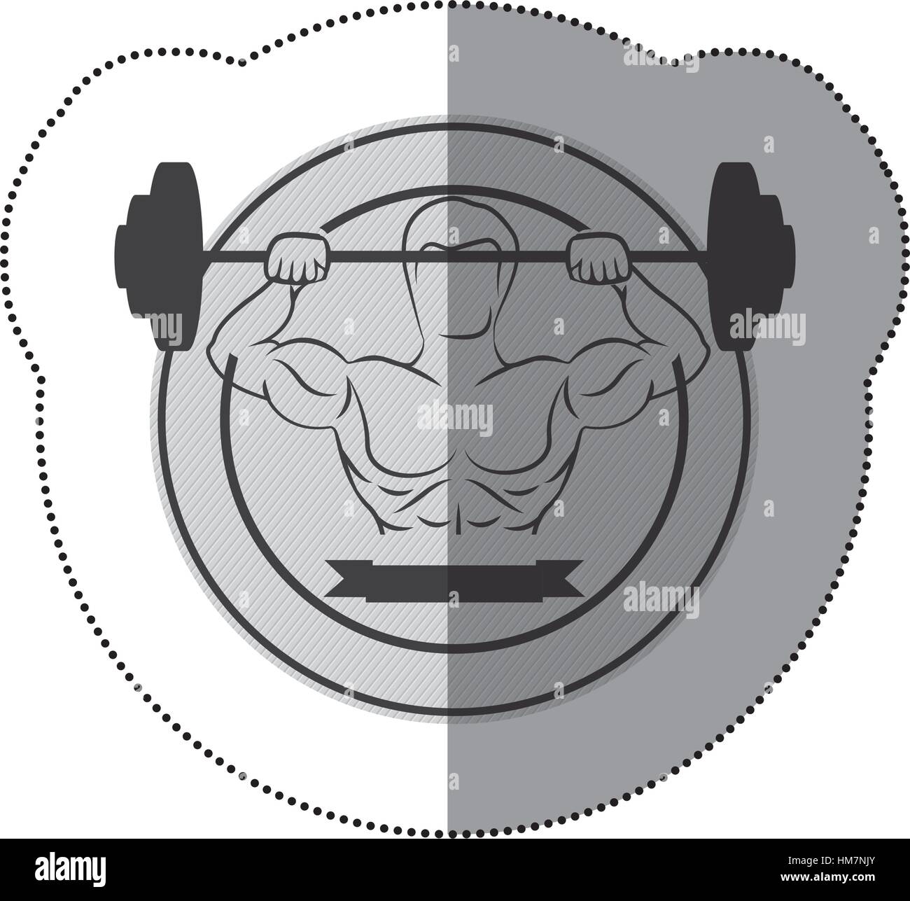 monochrome sticker with muscle man lifting a disc weights and label ...
