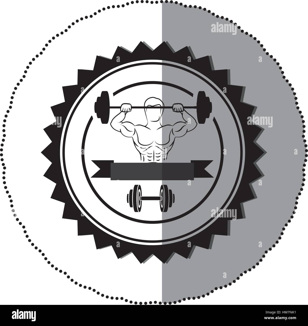 sticker stamp border with muscle man lifting a disc weights and label ...