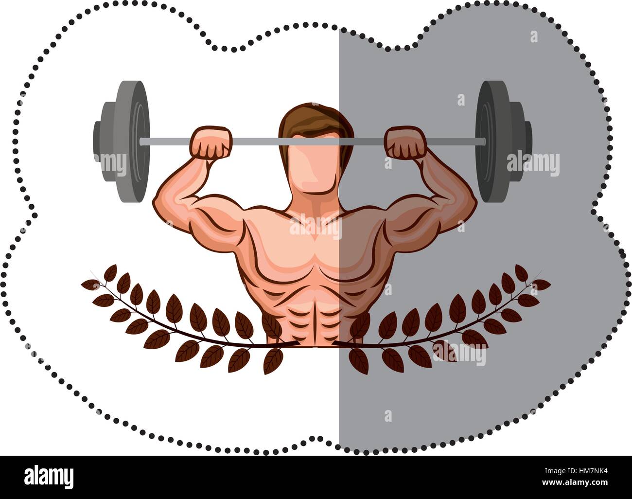sticker ornament leaves with muscle man lifting a disc weights vector ...