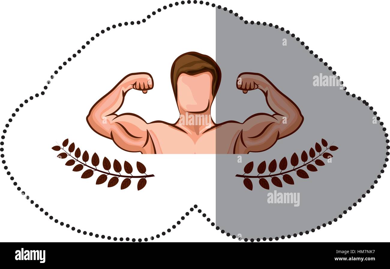 sticker crown leaves with half body muscle man vector illustration ...