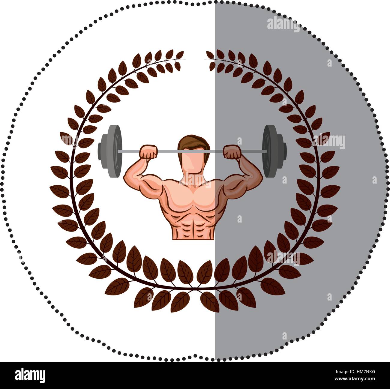 sticker arch of leaves with muscle man lifting a disc weights vector ...
