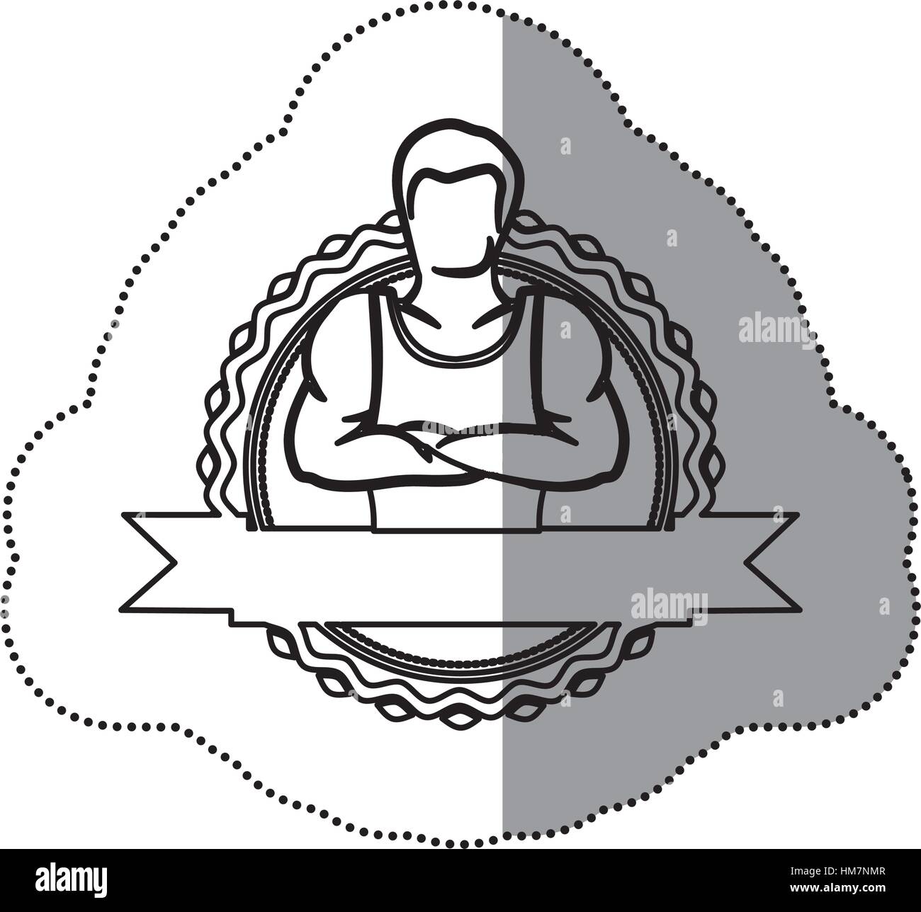 sticker border with contour muscle man crossed arms and label vector ...