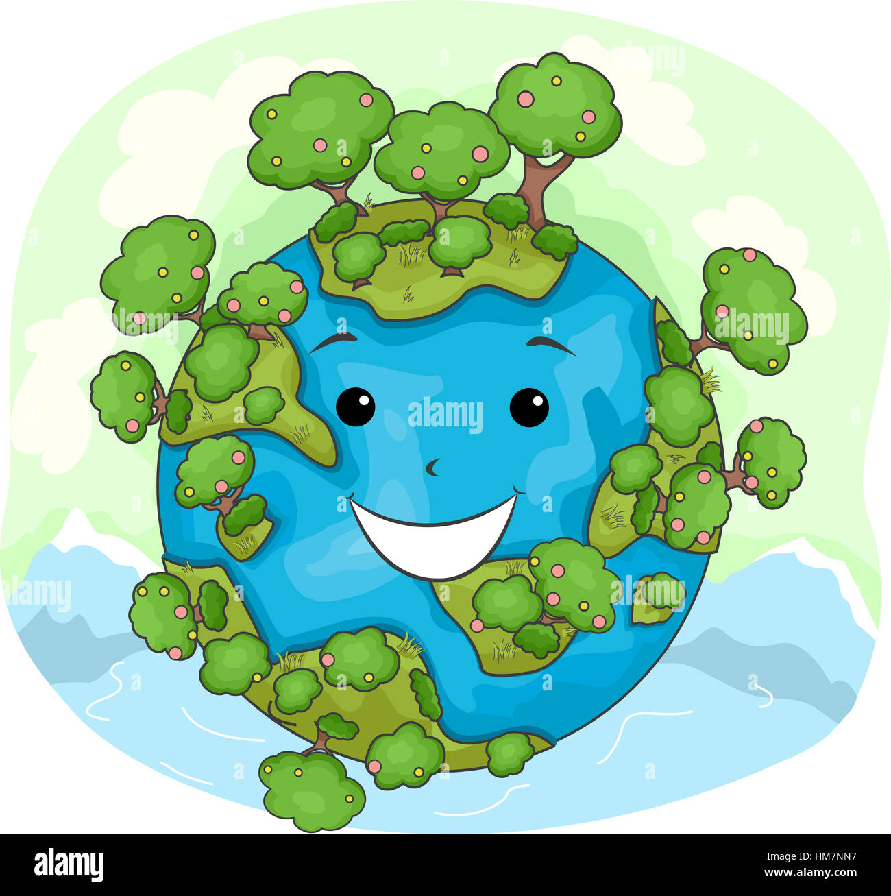 Mascot Illustration of a Happy Earth Covered with Trees Stock Photo - Alamy
