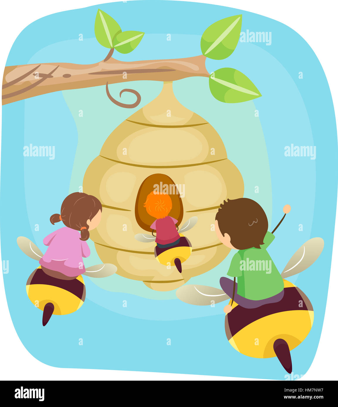 Stickman Illustration of Kids Riding Giant Bees to Get to a Beehive ...