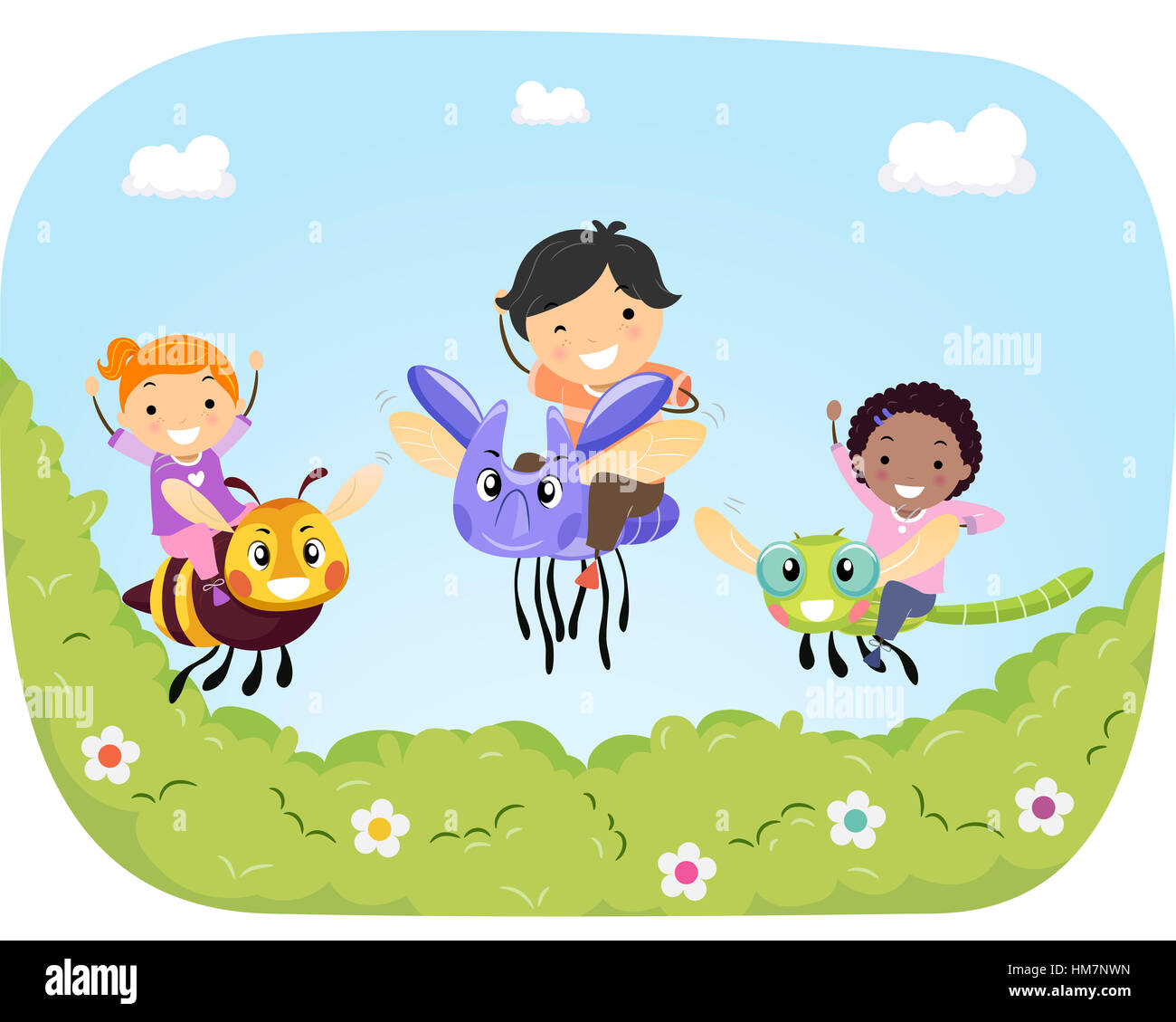 Stickman Illustration of Kids Riding Giant Bugs Flying Over a Garden ...