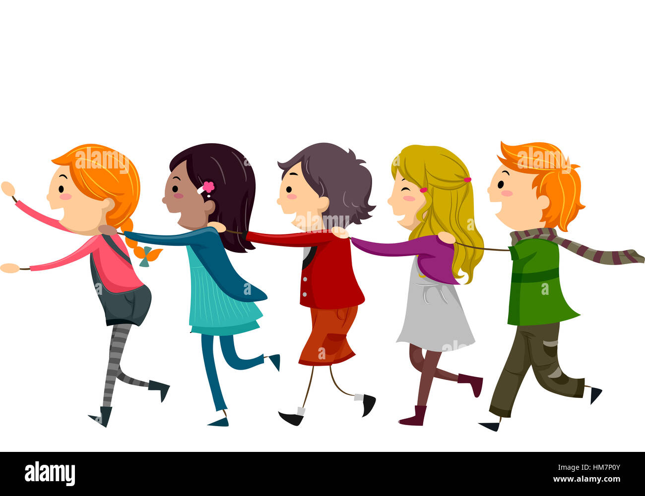Children In A Line Cartoon