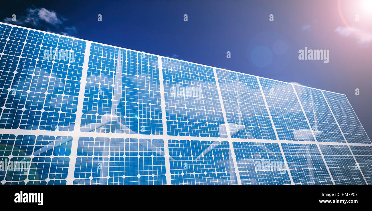3d rendering solar panels and wind generators on blue sky background ...