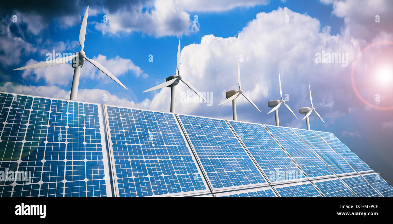 3d rendering solar panels and wind generators on blue sky background ...