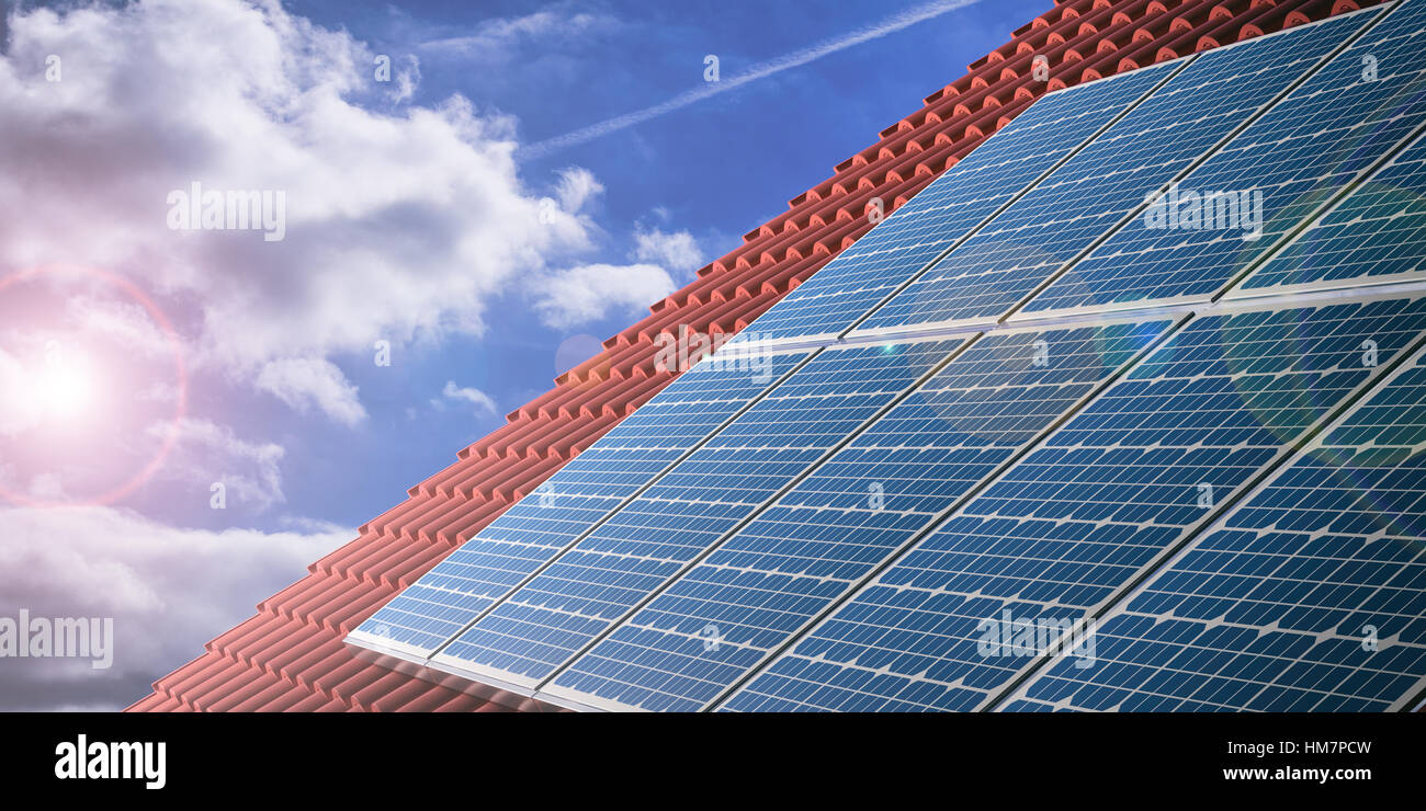 3d rendering red roof tiles with solar panels Stock Photo - Alamy