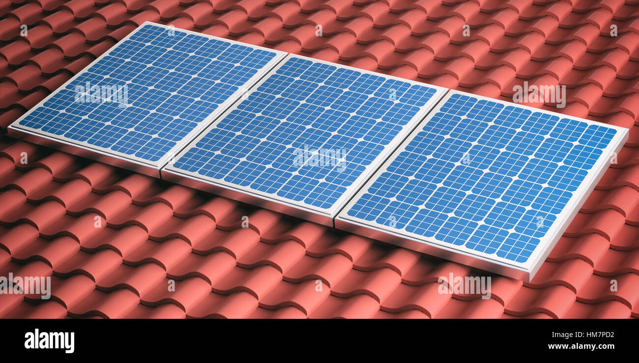 3d rendering red roof tiles with solar panels Stock Photo - Alamy