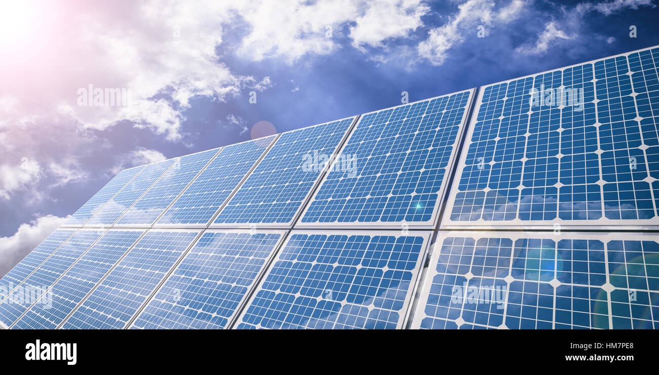 3d rendering solar panels on blue sky background Stock Photo - Alamy