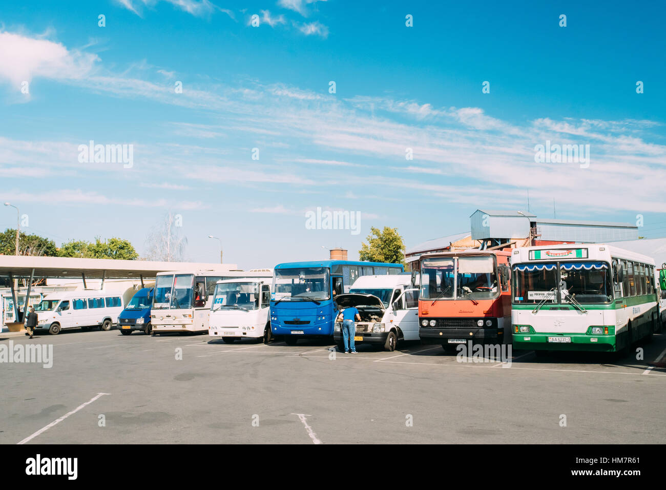 Gomel, Belarus. Buses standing in a row at Gomel bus station on a sunny ...