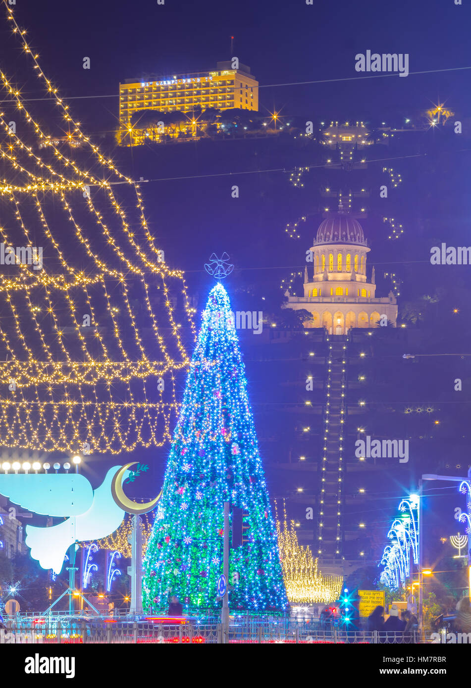HAIFA, ISRAEL - DECEMBER 28, 2016: The German Colony, decorated for the ...