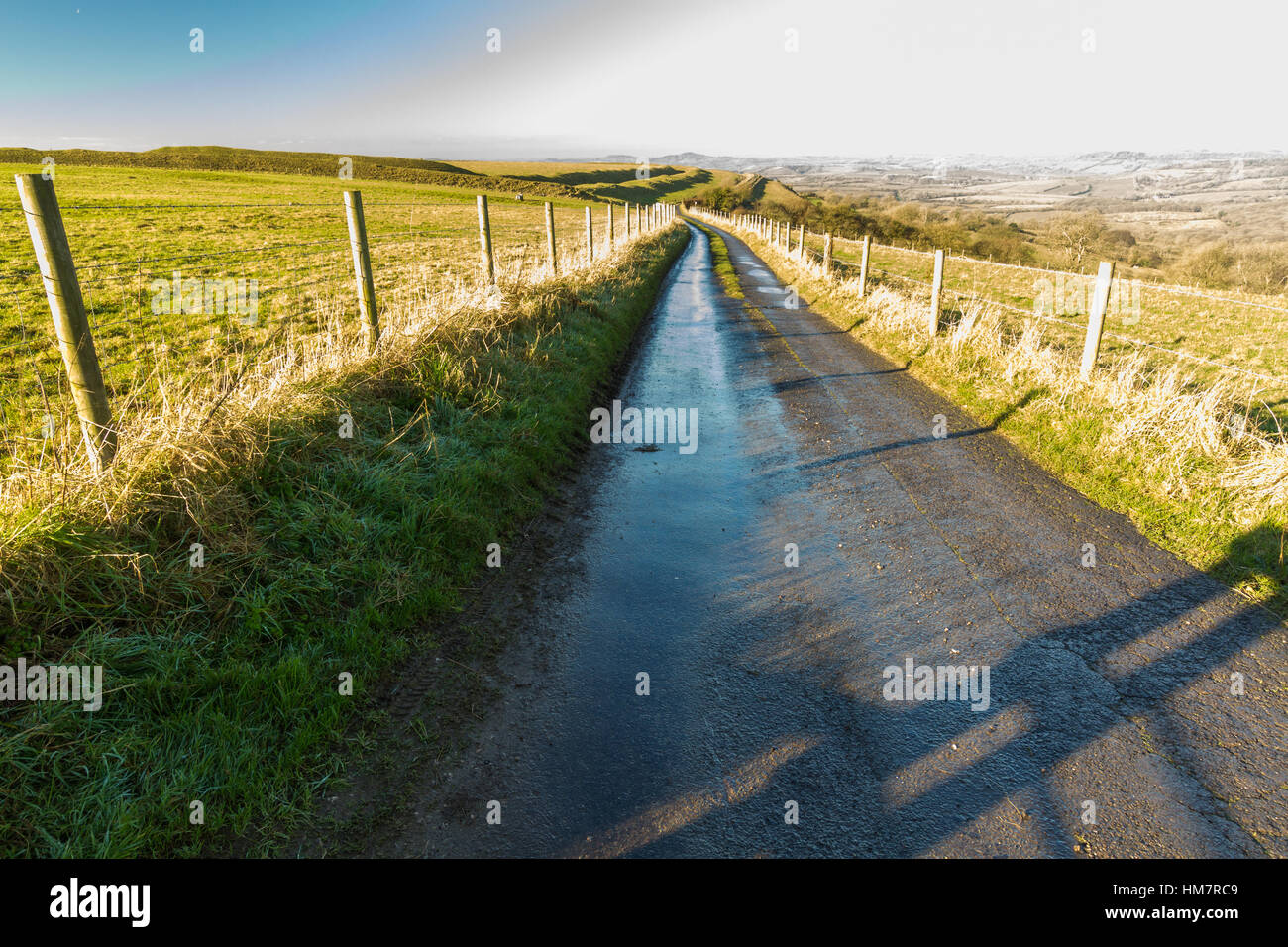 Small road on Eggardon Hill, Dorset, United Kingdom. Sunny winter day ...