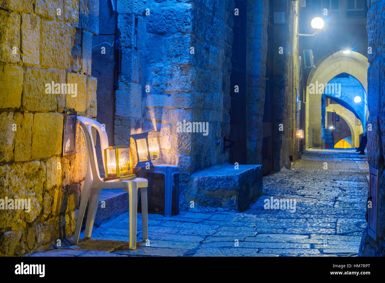 JERUSALEM, ISRAEL - DECEMBER 29, 2016: Alley with a display of ...