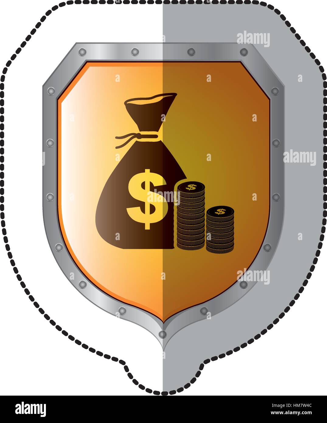 sticker shield with bag with dollar symbol and stacked coins vector ...