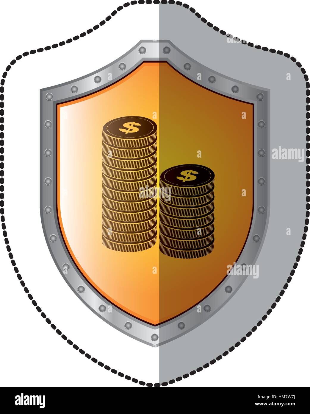 sticker shield with silhouette stacked coins with dollar symbol vector ...