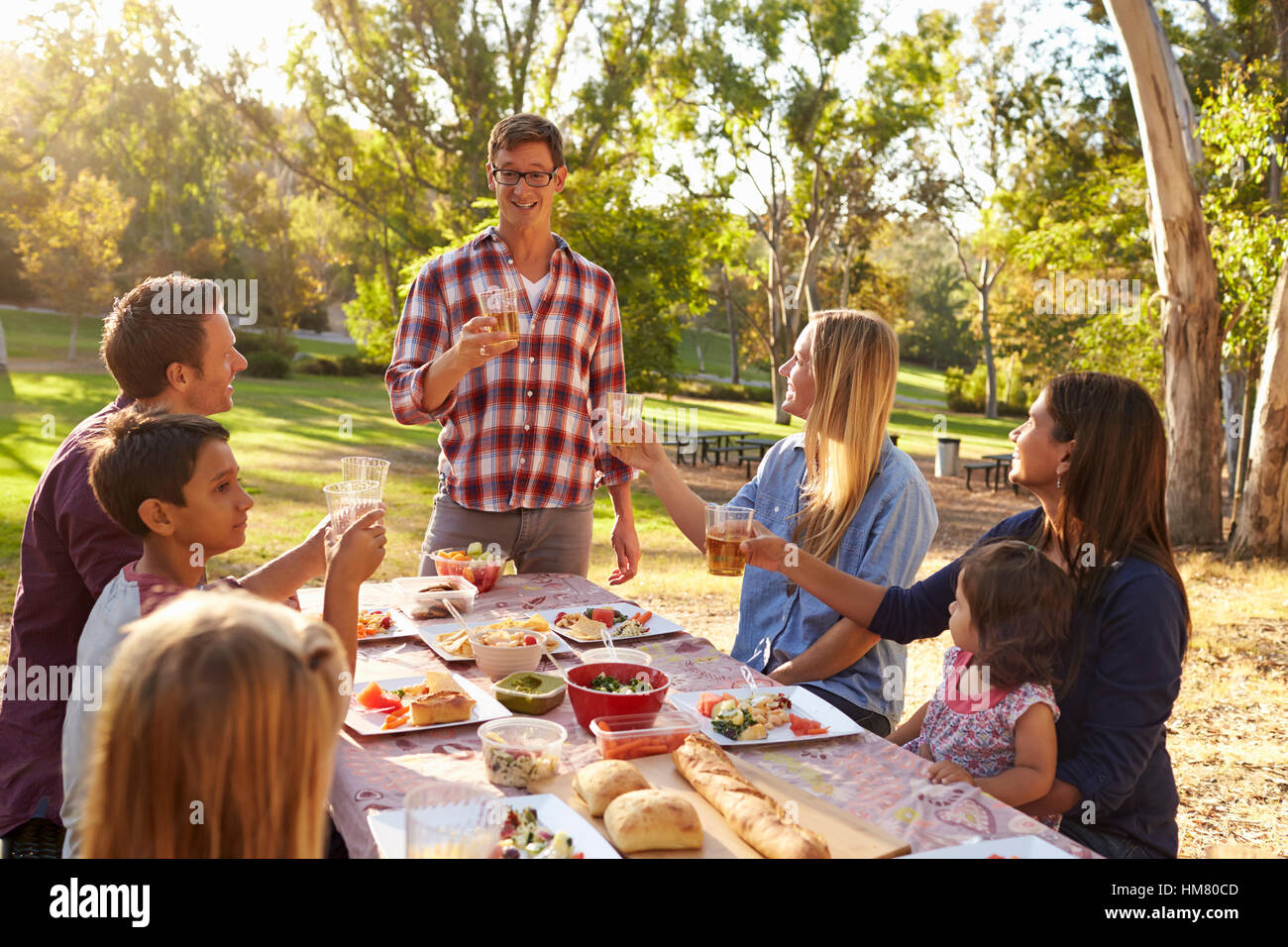 Two families making a toast at picnic at a table in a park Stock Photo ...