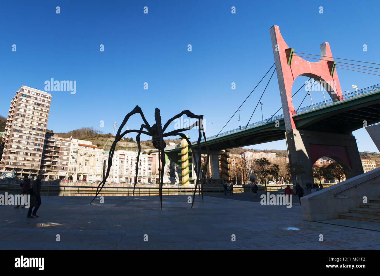 Spain: skyline of Bilbao and Nervion River with La Salve Bridge and the ...