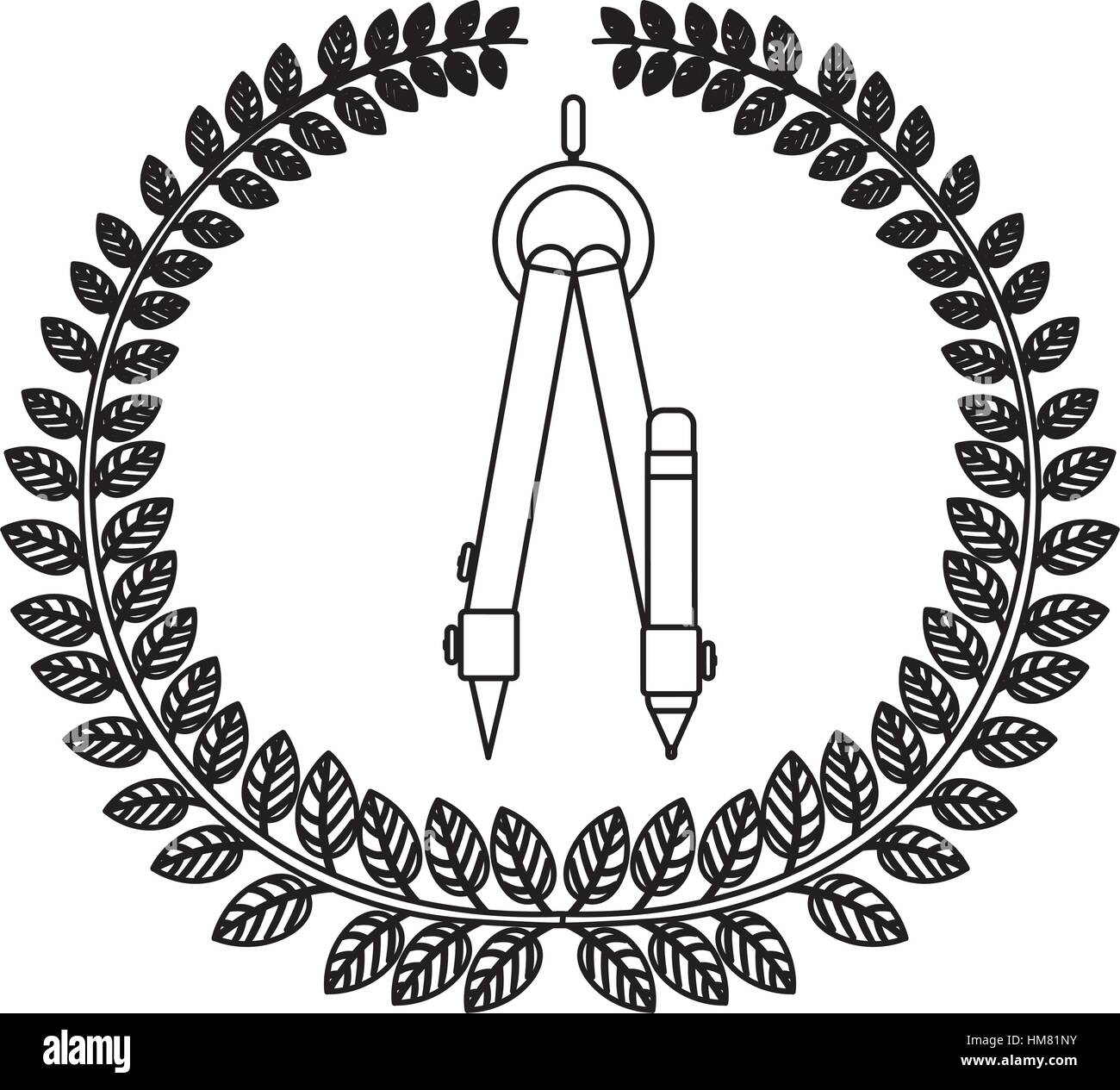silhouette crown of leaves with compass with pencil vector illustration ...