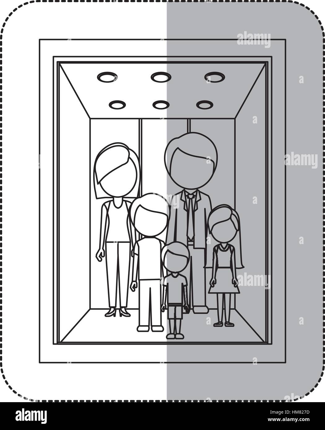 middle shadow monochorme sticker with family in elevator vector ...