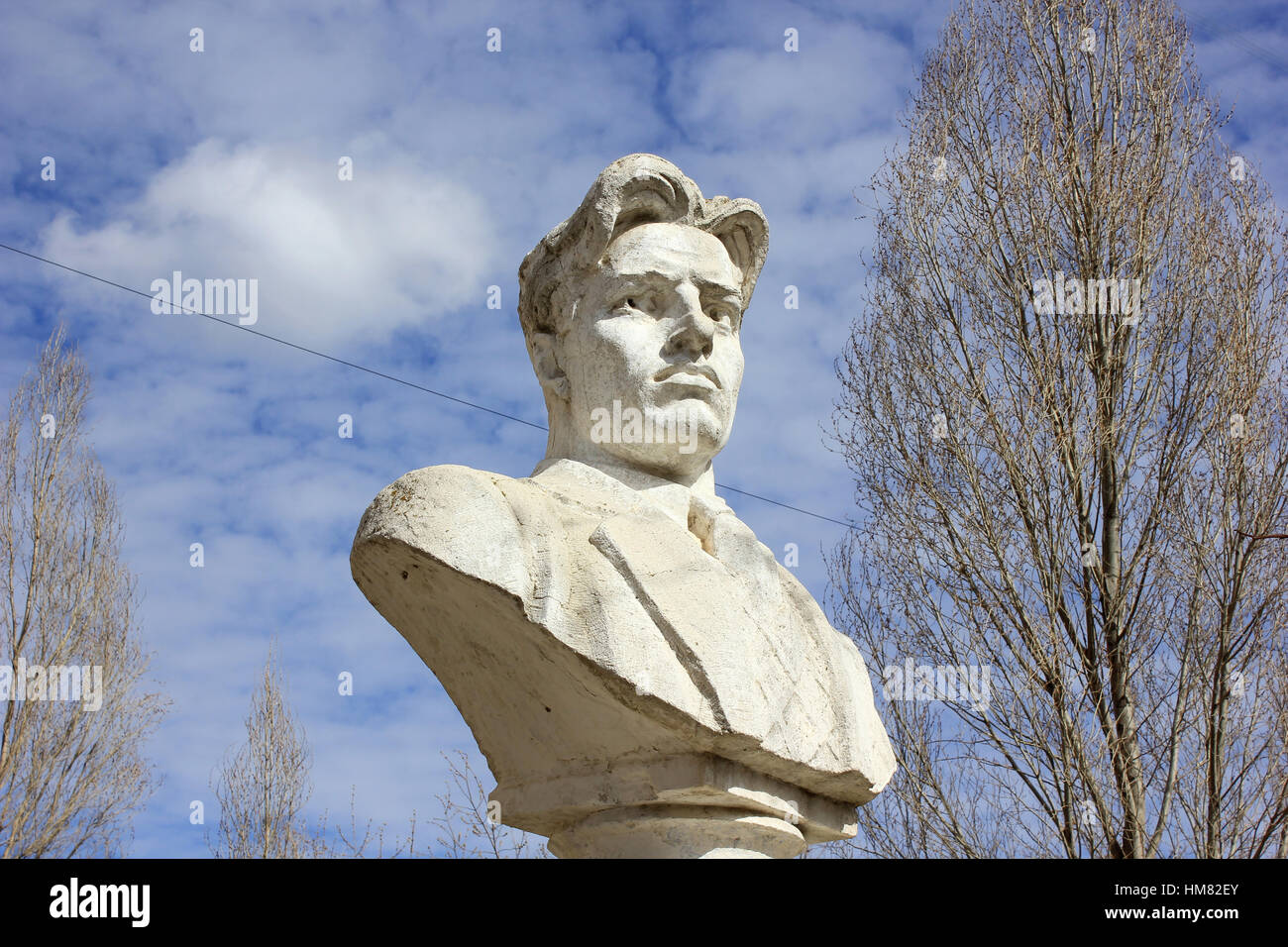 Bust of the Russian poet Mayakovsky in the yard at the building of high ...