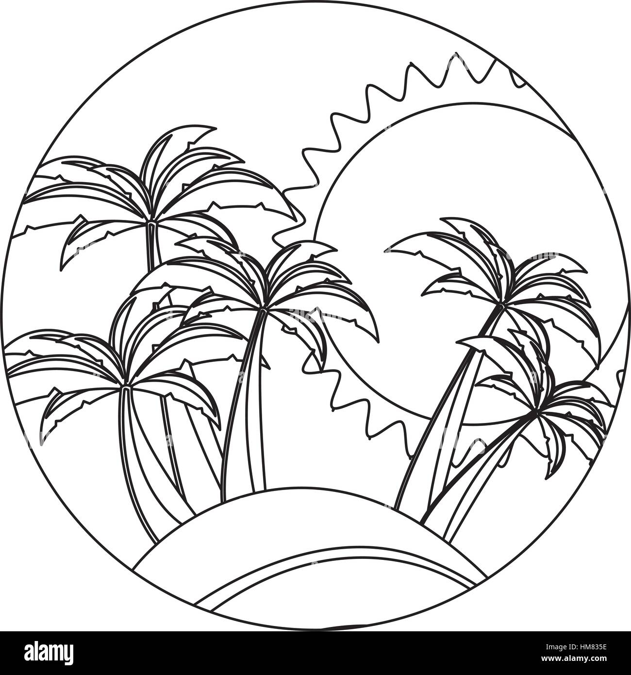 circular shape with silhouette background beach vector illustration ...