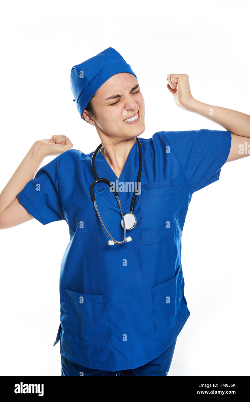 stretching young doctor isolated on white background Stock Photo - Alamy